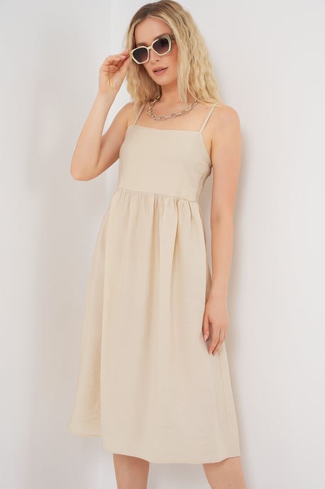 Quadratischer Kragen Strukturiertes Midi-Kleid